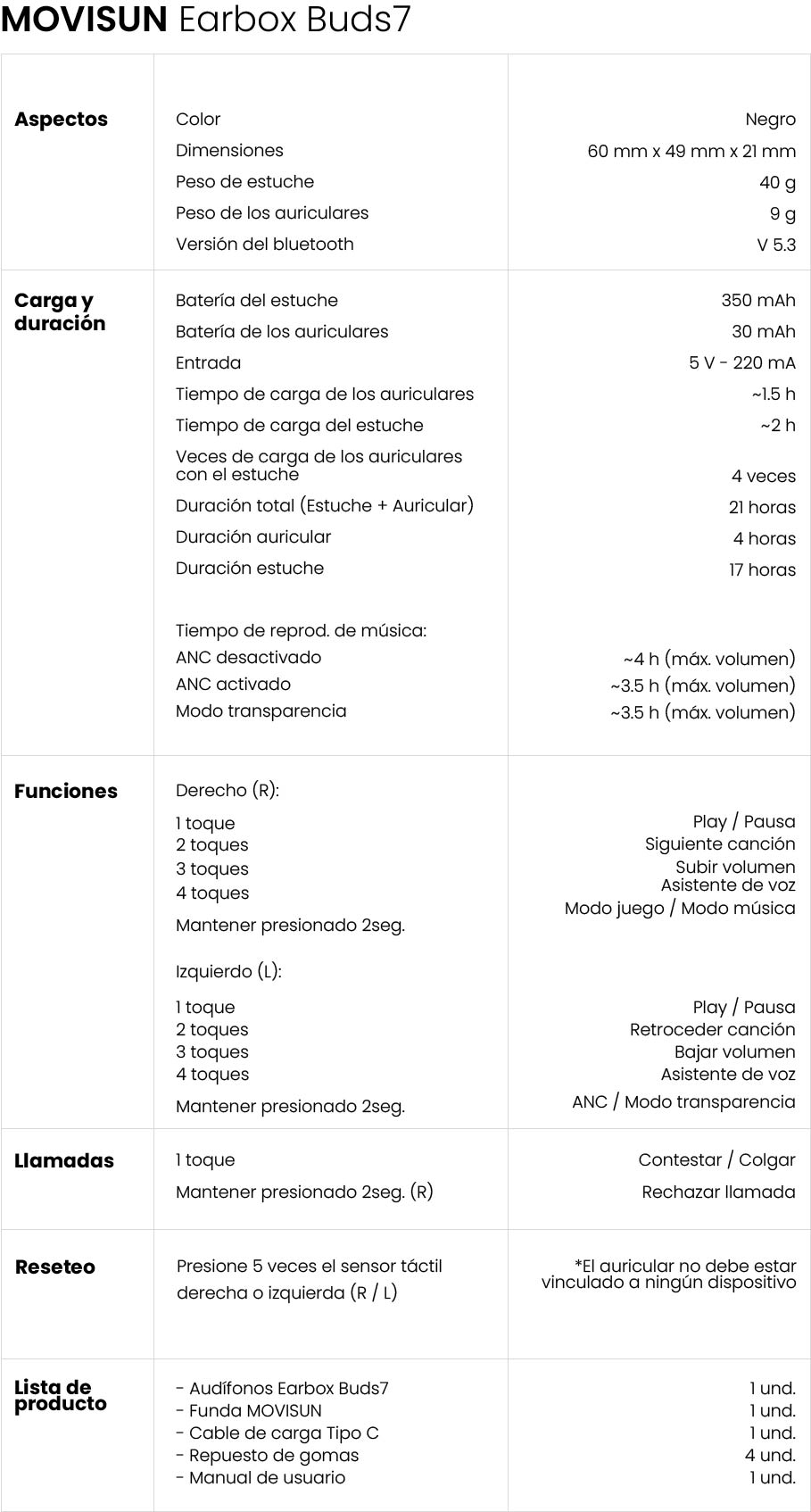 MOVISUN Earbox Buds7 - Audífonos inalámbricos con ANC, modo juego ...
